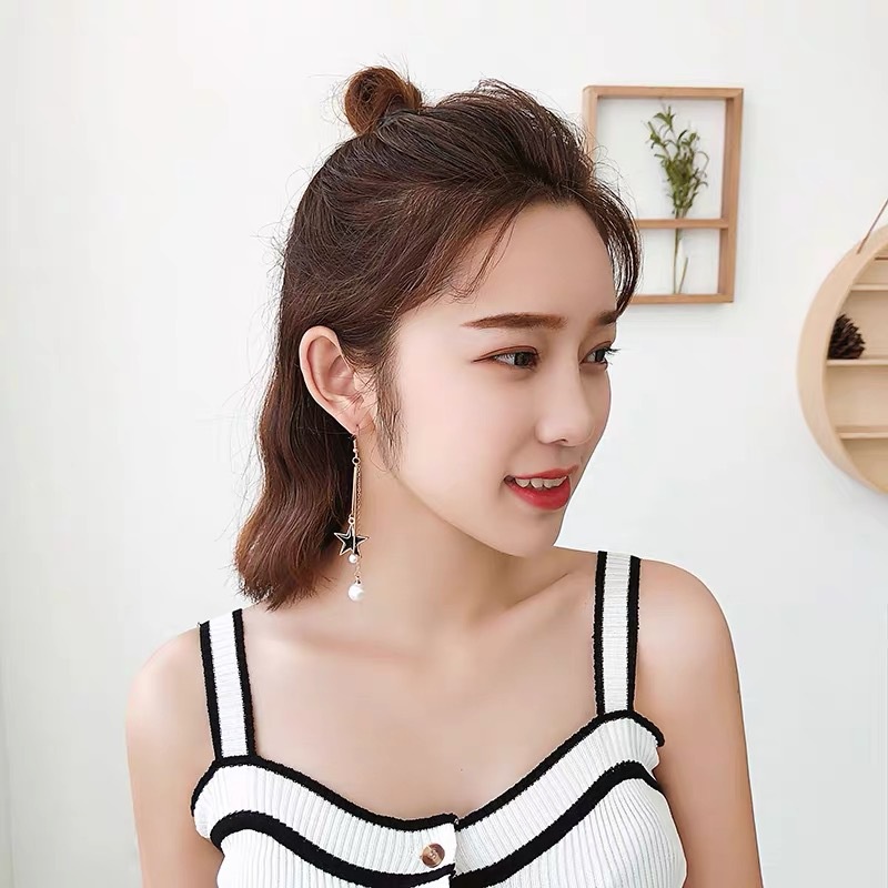 DUSE 18k Gold Long Tassel Pearl Pentagram Pendant Earrings Fashion All ...