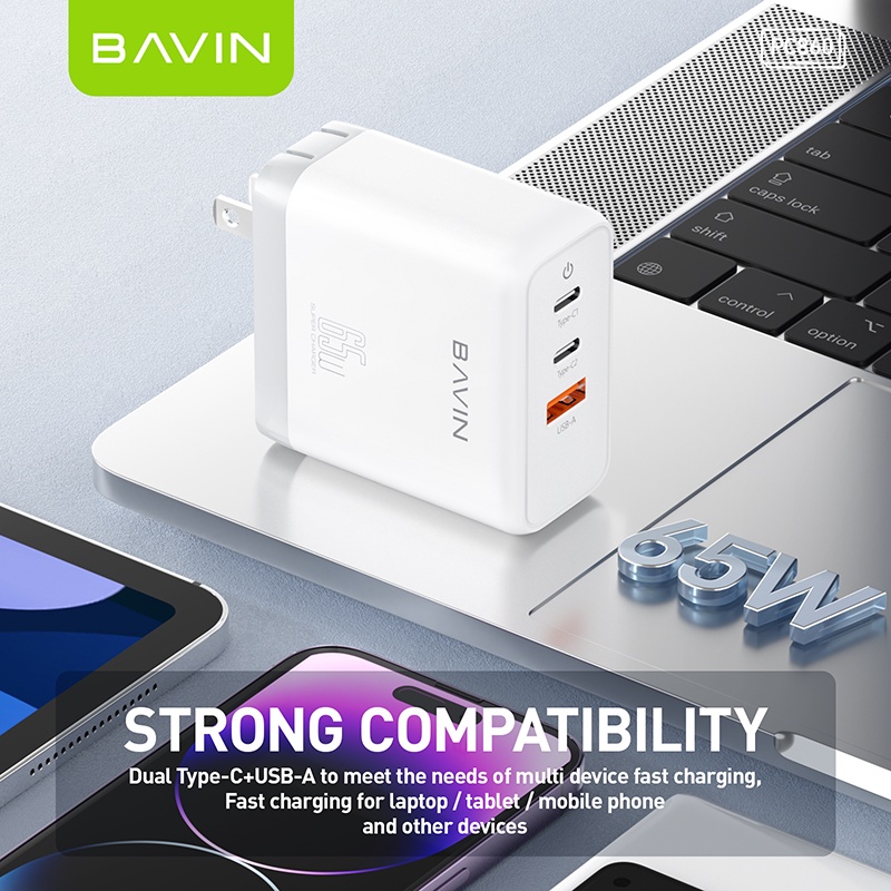 BAVIN PC860/PC865 65W GaN Fast Charging Adapter, Dual USB-C PD&USB QC3.0Port for Laptop/Tablet ...