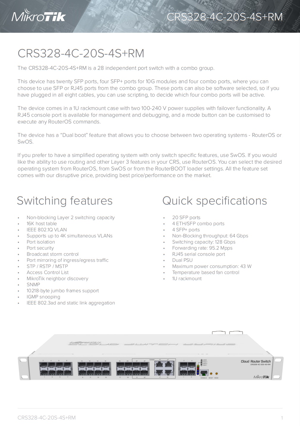 MikroTik CRS328-4C-20S-4S+RM Managed Switch - (4) Combo ports (RJ45 or ...