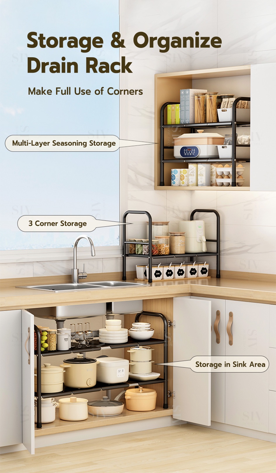 SIV Adjustable Under Sink Organizer Kitchen Under the Sink Rack ...