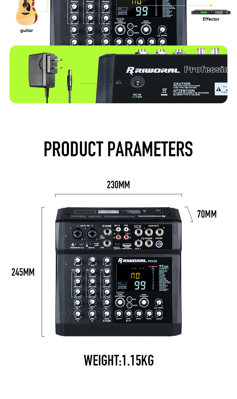 Mixer Audio Interface 6 Channel 99 DSP Reverberation Effects+48V ...