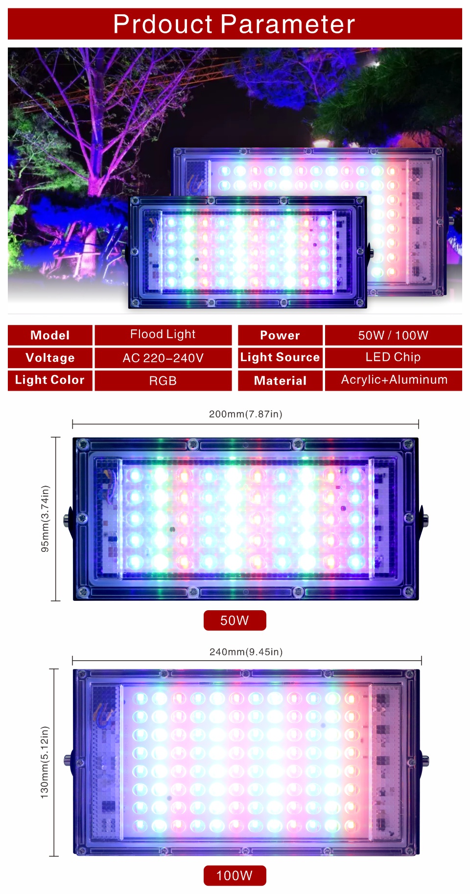 Got Liang 100W 50W RGB Flood Light Lamp AC220V Outdoor Lighting ...