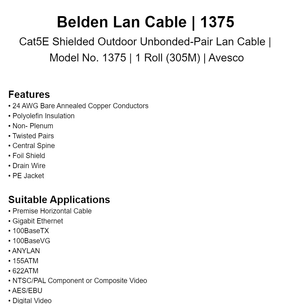 Belden UTP CAT5e CAT5 Outdoor Cable 305meters 1375 FTP Foiled Twisted ...