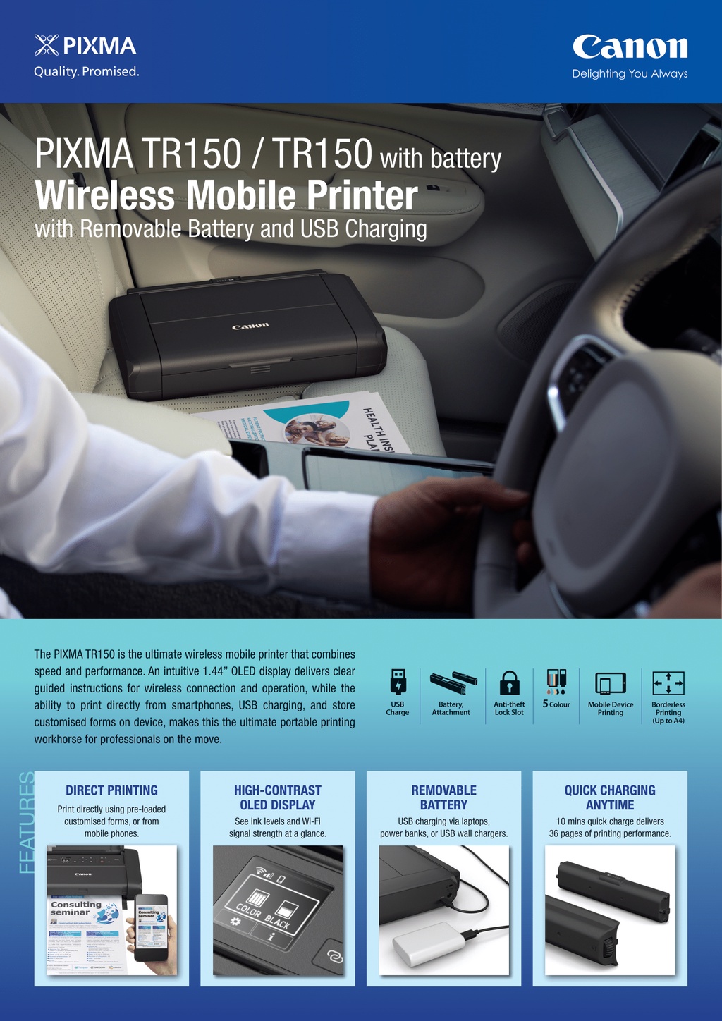 Canon PIXMA TR150 Portable Inkjet Printer w/2170mAh Battery, USB-C 1.5A ...