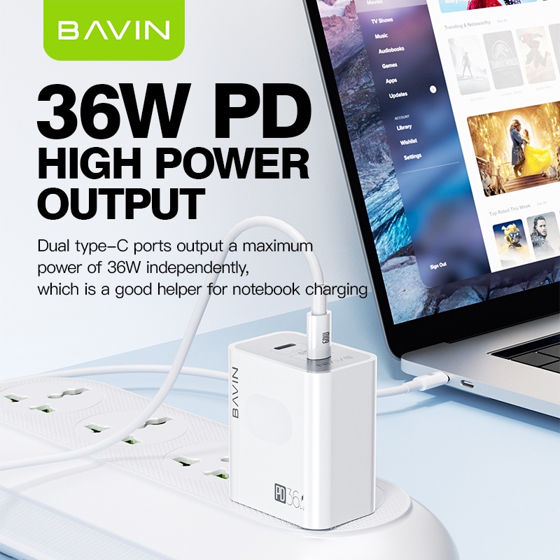BAVIN PC859 36W Fast Charging Dual Port PD + QC3.0 w/ 1M Data Cable Widely for Laptop Supports ...