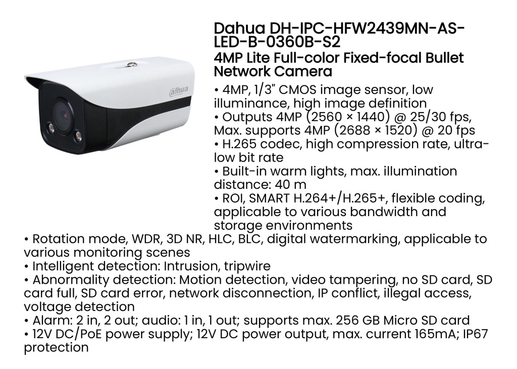 Dahua DH-IPC-HFW2439MN-AS-LED-B-0360B-S2 4MP Lite Full-color Fixed-focal Bullet Camera | by EJD ...