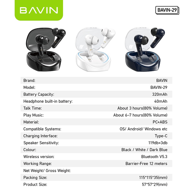 BAVIN BA29 TWS Wireless Bluetooth Earphone Bluetooth Wireless Earbuds ...