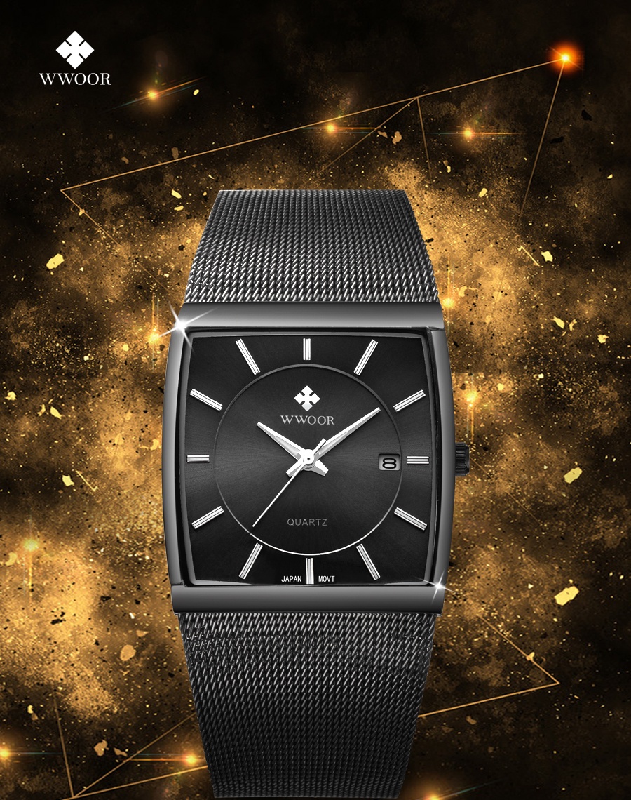 Wwoor Luxury Gold Watch Men Square Japan Quartz Slim Steel Mesh ...