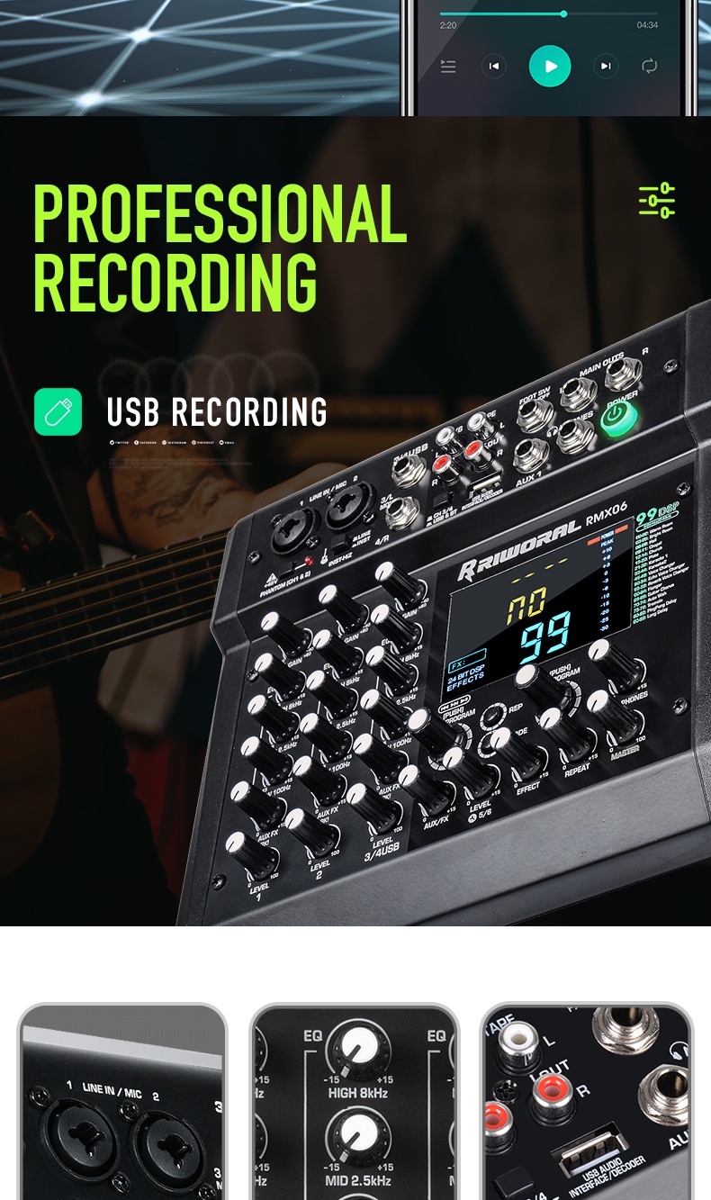 Mixer Audio Interface 6 Channel 99 DSP Reverberation Effects+48V ...