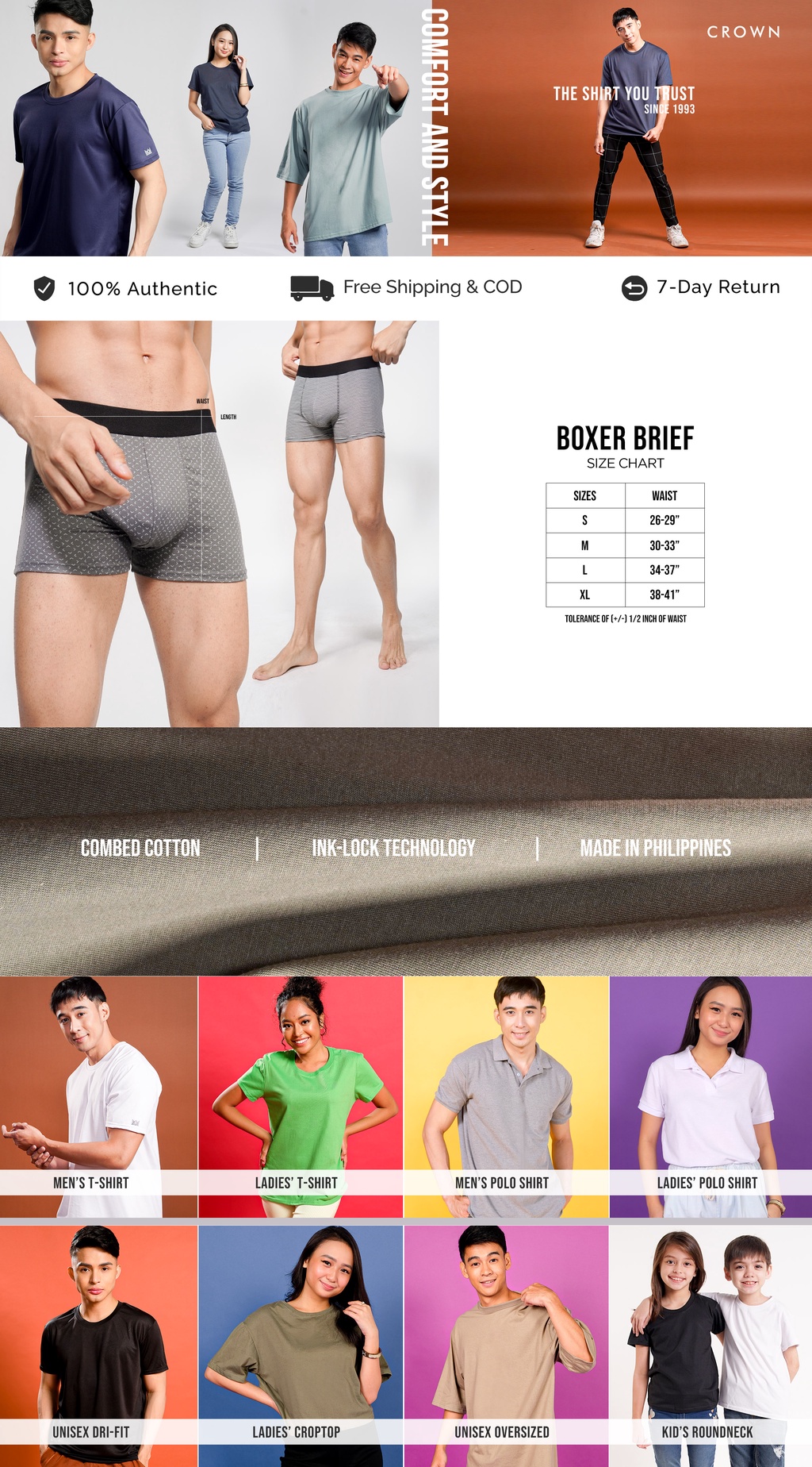 Crown Mens Printed Boxer Brief Set of 3 Random Colors Garterized Design ...