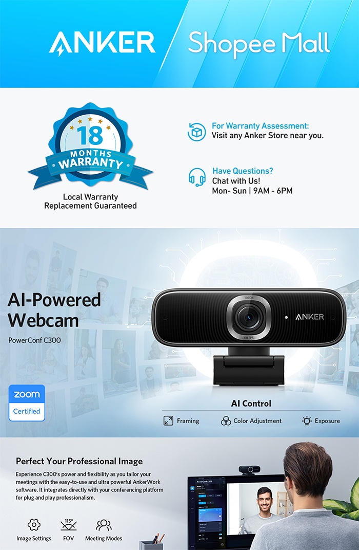 Anker PowerCam C300 Smart Full HD Webcam, 1080p 60 FPS, Noise ...