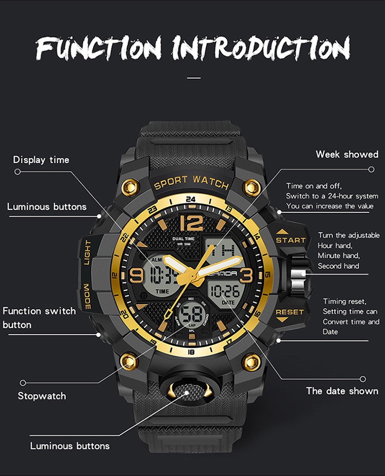 SANDA 6030 Waterproof Military Sport Men's watches Dual Display ...