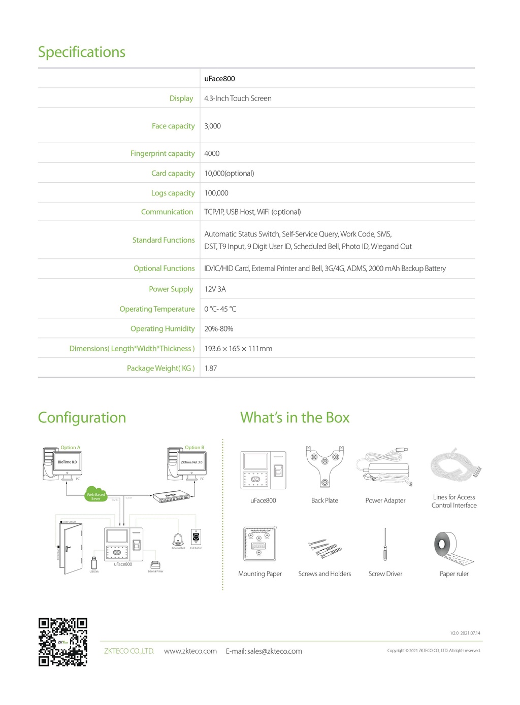 ZKTeco uFace SERIES/ID Fingerprint Facial Face Recognition Time Attendance Access Control Device ...