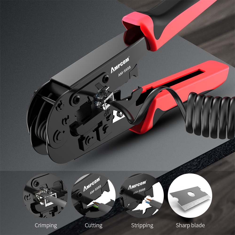 Ampcom Crimping Tool Rj45 Dan Rj12, Rj11 Crimper Cutter Stripper ...