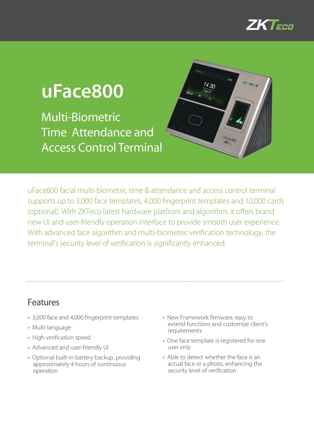 ZKTeco uFace SERIES/ID Fingerprint Facial Face Recognition Time Attendance Access Control Device ...