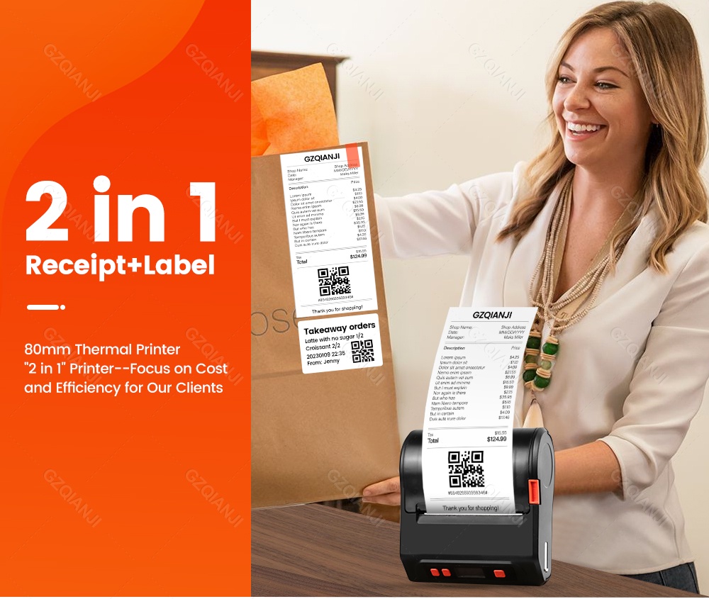 80mm Label Printer Receipt Printer 2 in 1 Portable Bluetooth Wireless Mini Thermal Printer ...