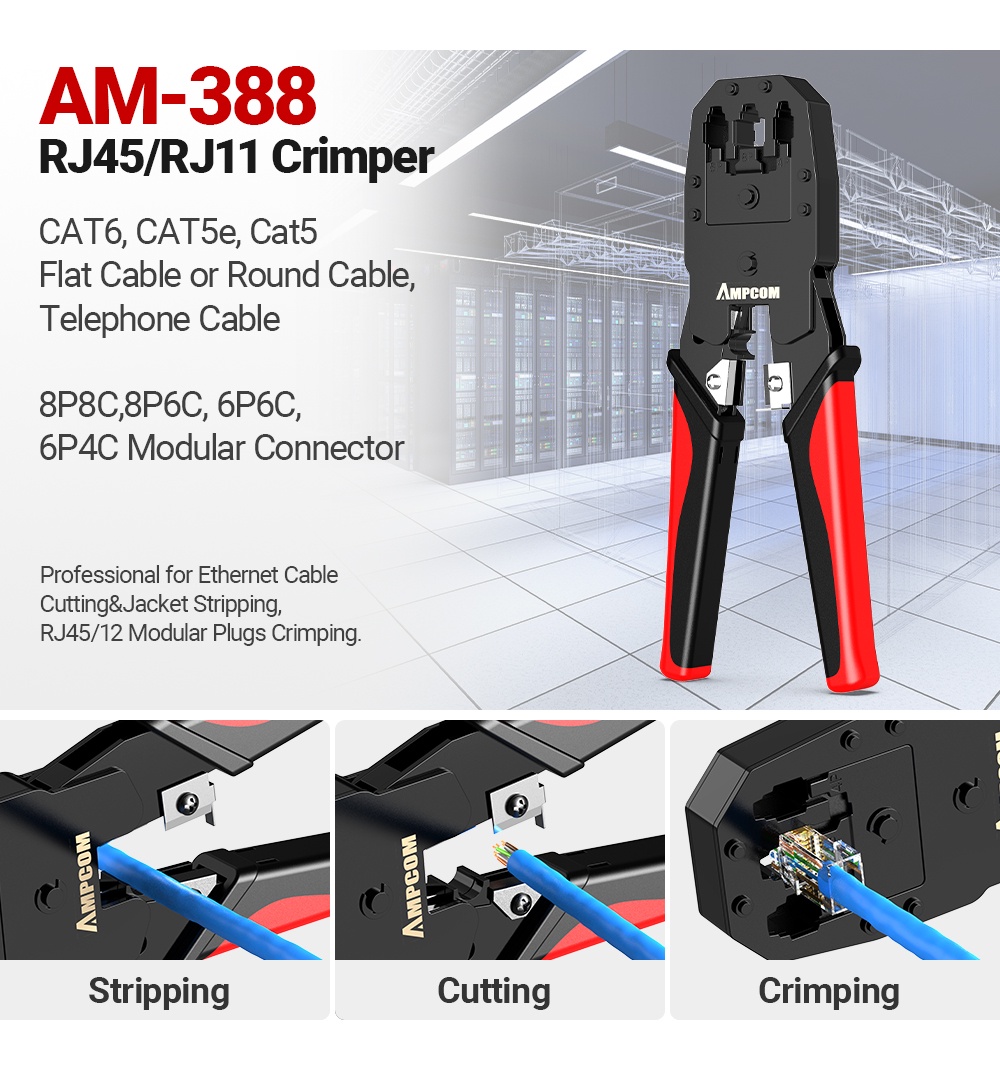 AMPCOM RJ45 Crimper Lan Tester Tool Set Ethernet Cable Stripper Punch ...