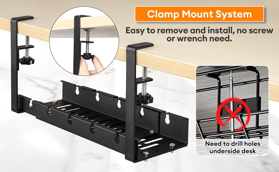 No Drill Under Desk Cable Management Tray, 55cm Retractable Clamp ...