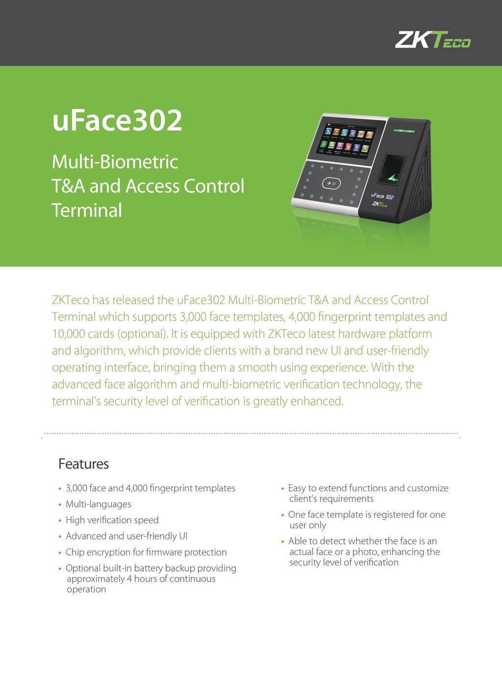 ZKTeco uFace SERIES/ID Fingerprint Facial Face Recognition Time Attendance Access Control Device ...