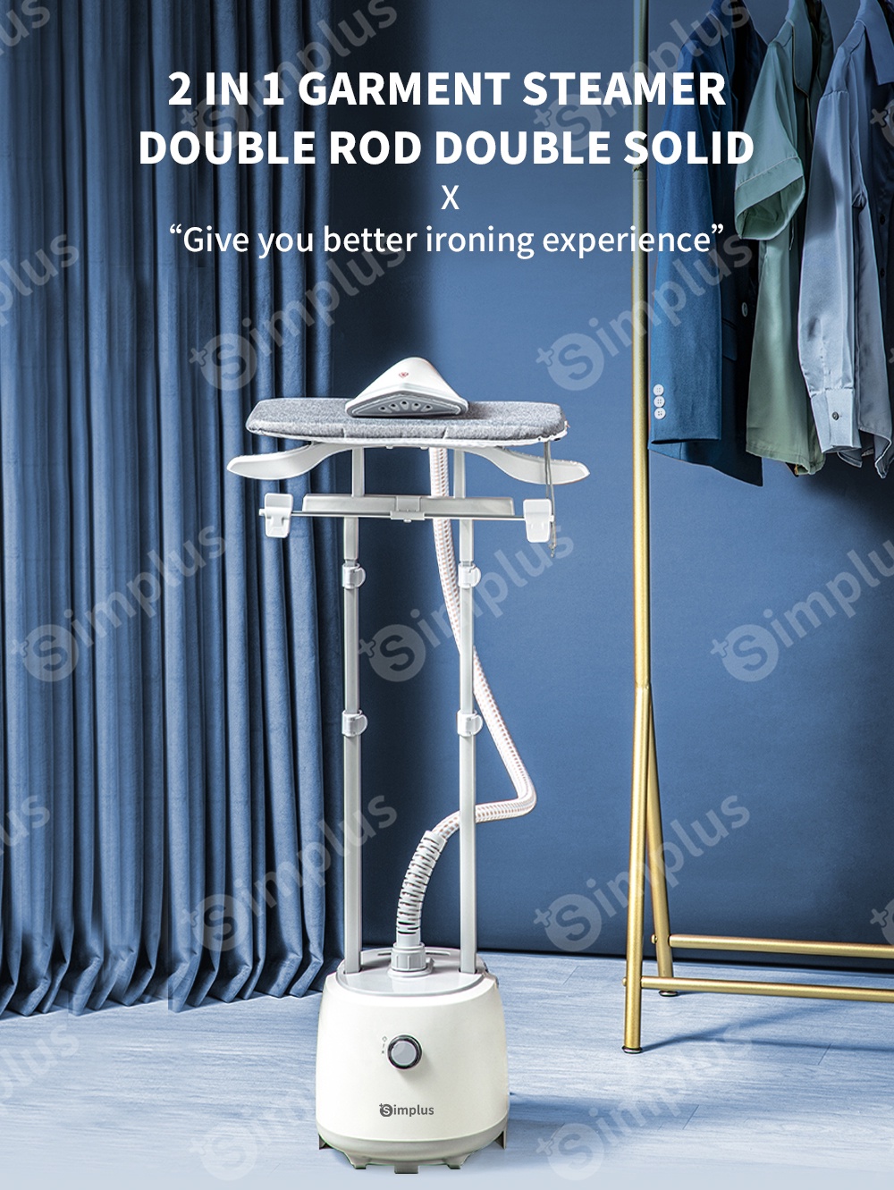 Simplus Garment Steamer Double Rod 2000W Power Flat&Hanging 2 in 1 Garment Steamer Height ...