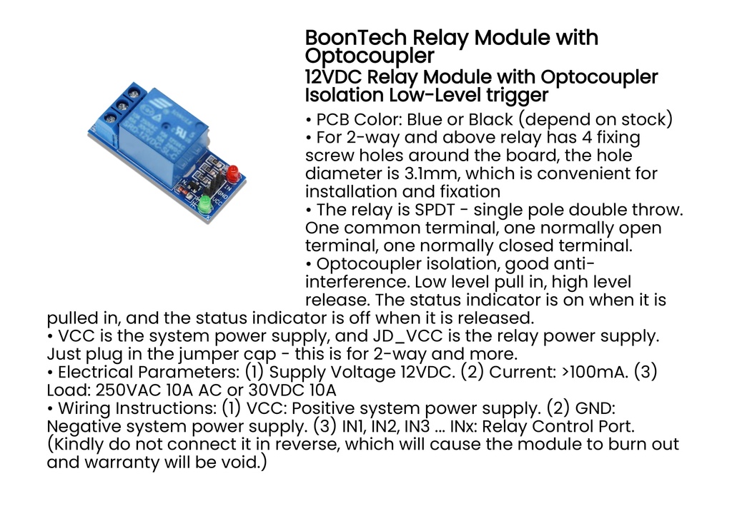 BoonTech 12VDC 1-Way 12VDC Relay Module with Optocoupler Isolation Low ...