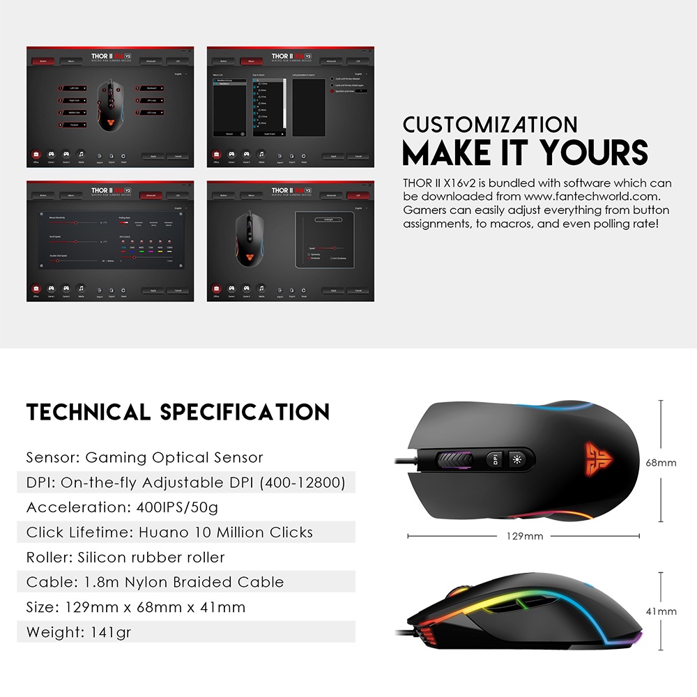 Fantech THOR II X16 V2 Programmable Macro RGB Gaming Mouse for laptop ...