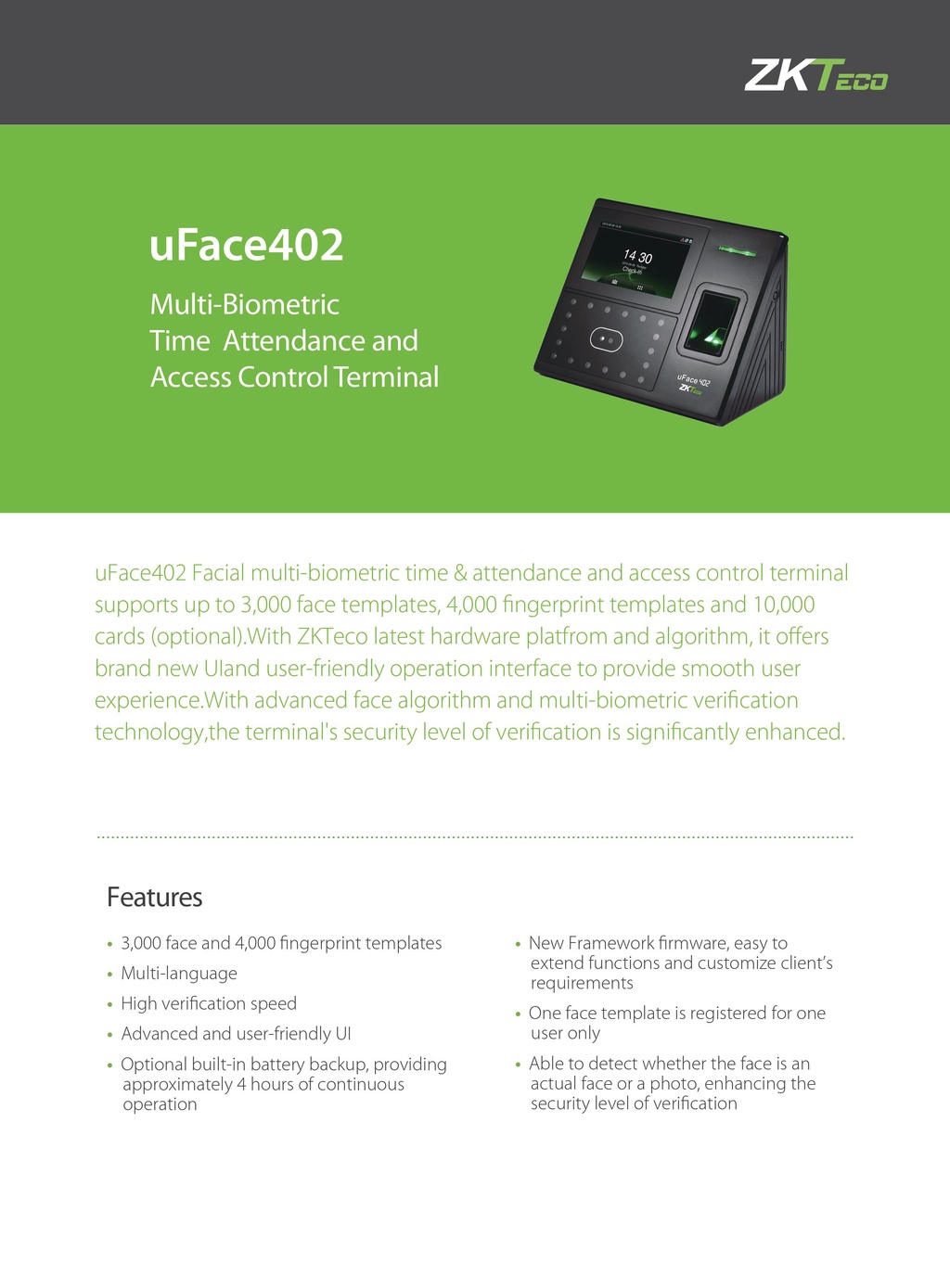 ZKTeco uFace SERIES/ID Fingerprint Facial Face Recognition Time Attendance Access Control Device ...