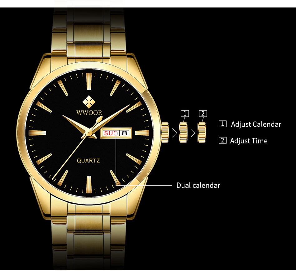 Wwoor Gold Watches Mens Luxury Stainless Steel With Calendar Waterproof ...