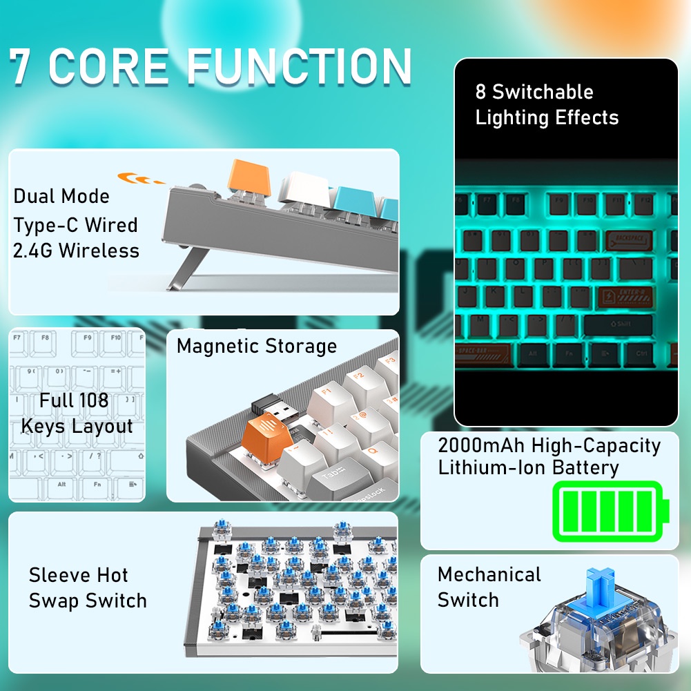 AULA F3050 Gaming Keyboard 108 Keys Type-C Wired/2.4G Wireless RGB Hot ...