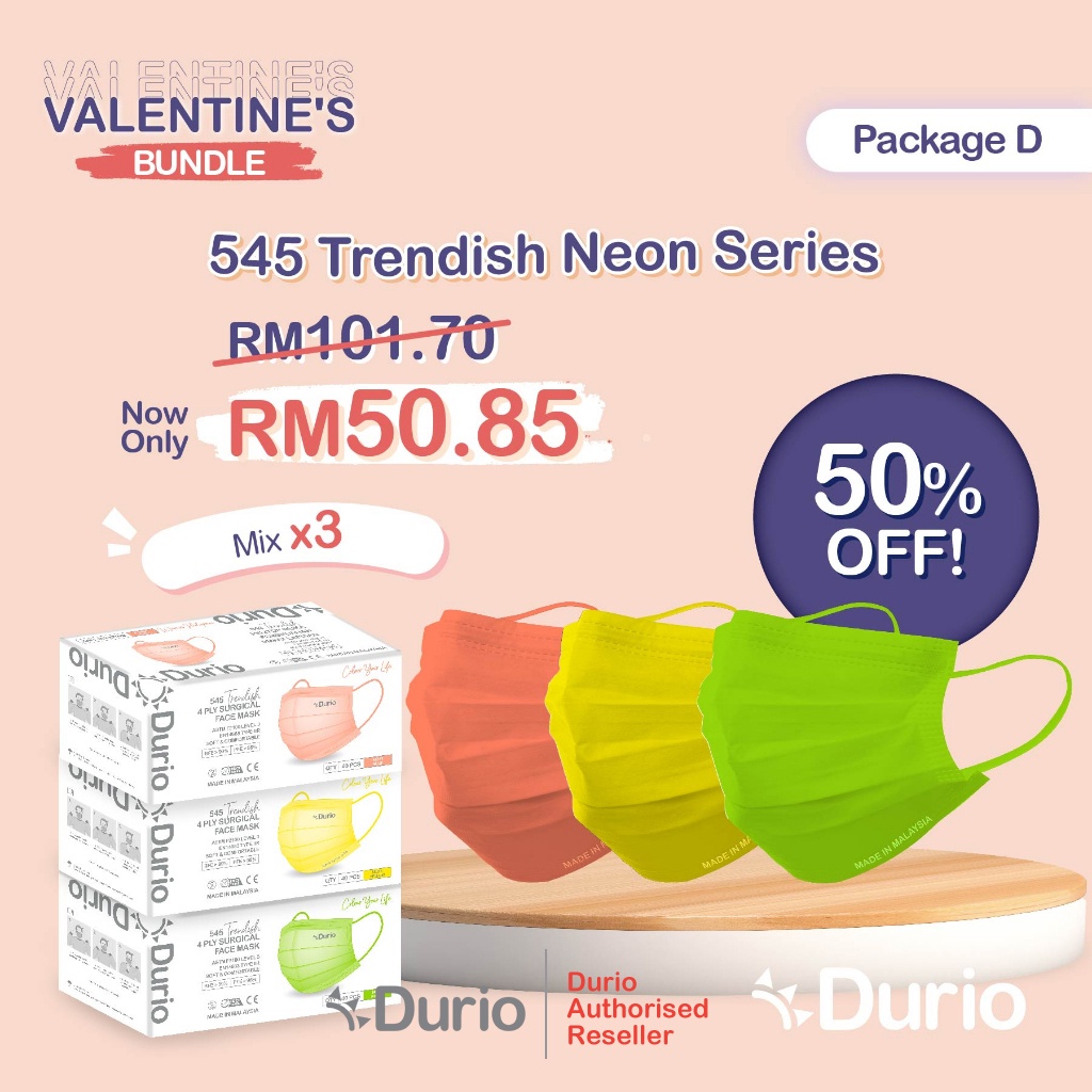 [BUNDLE OF 3 BOXES] Durio 545 Trendish Neon 4 Ply Surgical Face Mask ...