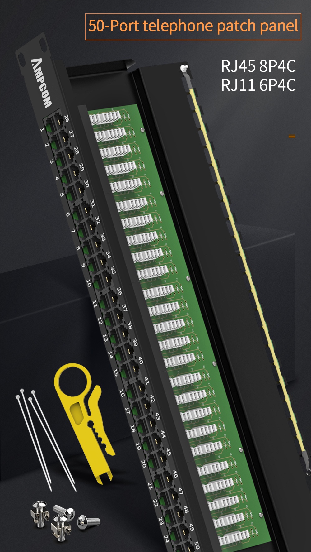 AMPCOM Telephone Patch Panel, 19 Inch Rack 50U Gold-Plated Voice Patch ...