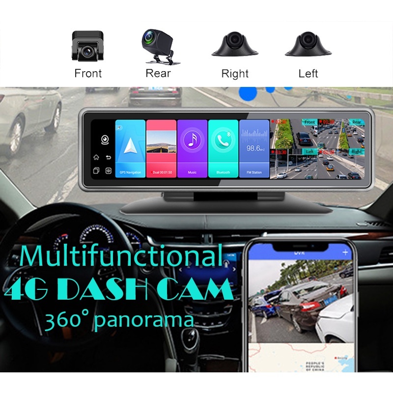 12 Inch Car Dash Cam 4G Smart 360° Panoramic Remote Monitor Parking Camera Full Screen Movie App ...