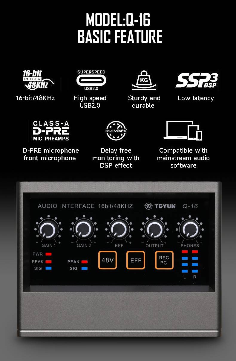 TEYUN Q-16 Audio Interface Sound Card with Monitoring,Sound Card For ...