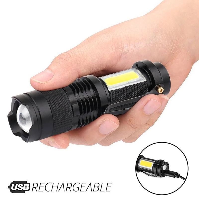 Rechargeable Mini Flashlight - XPE COB Dual Light Zoomable, IPX4 ...