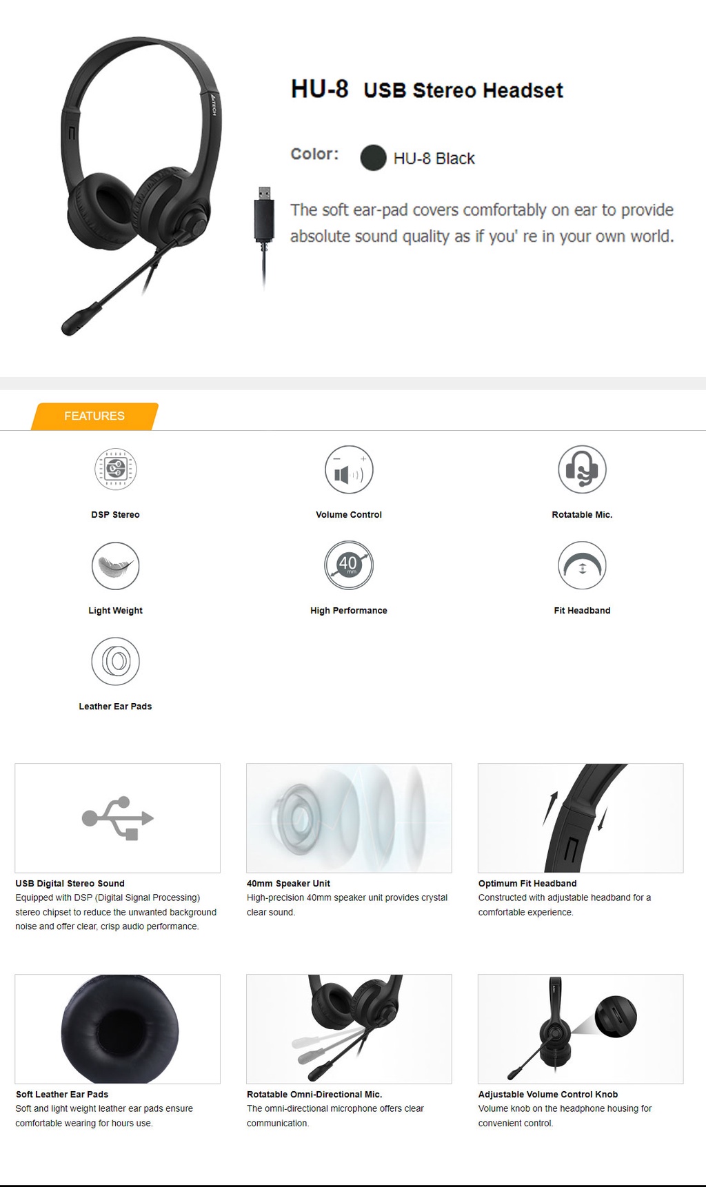 A4Tech HU-8 Rotatable Omni-Directional Mic Wired On Ear USB Stereo ...