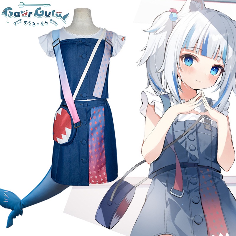 Hololive VTuber Gawr Gura Cosplay Costume Shark Tail Casual Outfit Full ...