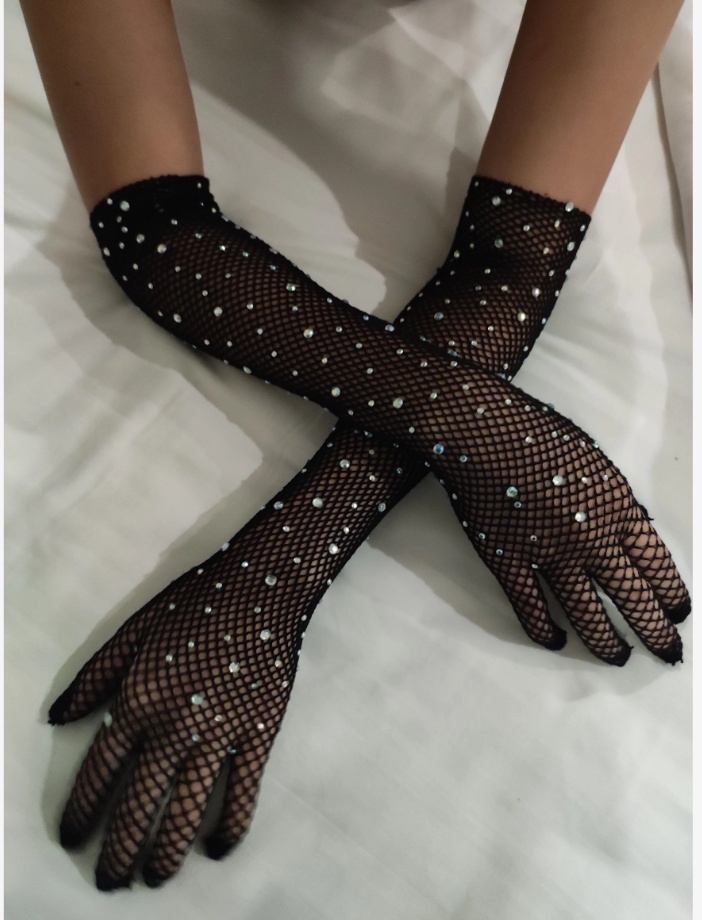 Rhinestone Decor Fishnet Gloves Sexy Women Elastic Long Gloves Hollow ...