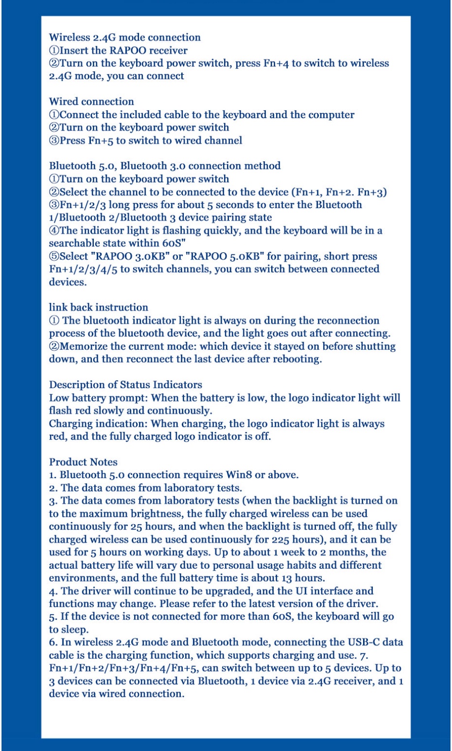 Rapoo V700-8A.eStarPro joint wireless bluetooth backlit mechanical keyboard 84-key design can be ...