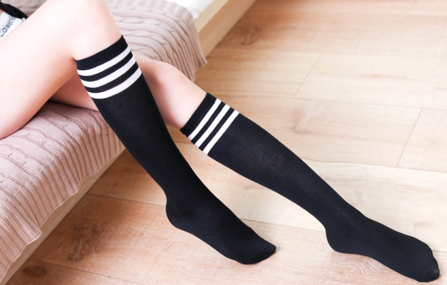 Japanese college style cotton thick black and white striped long tube ...