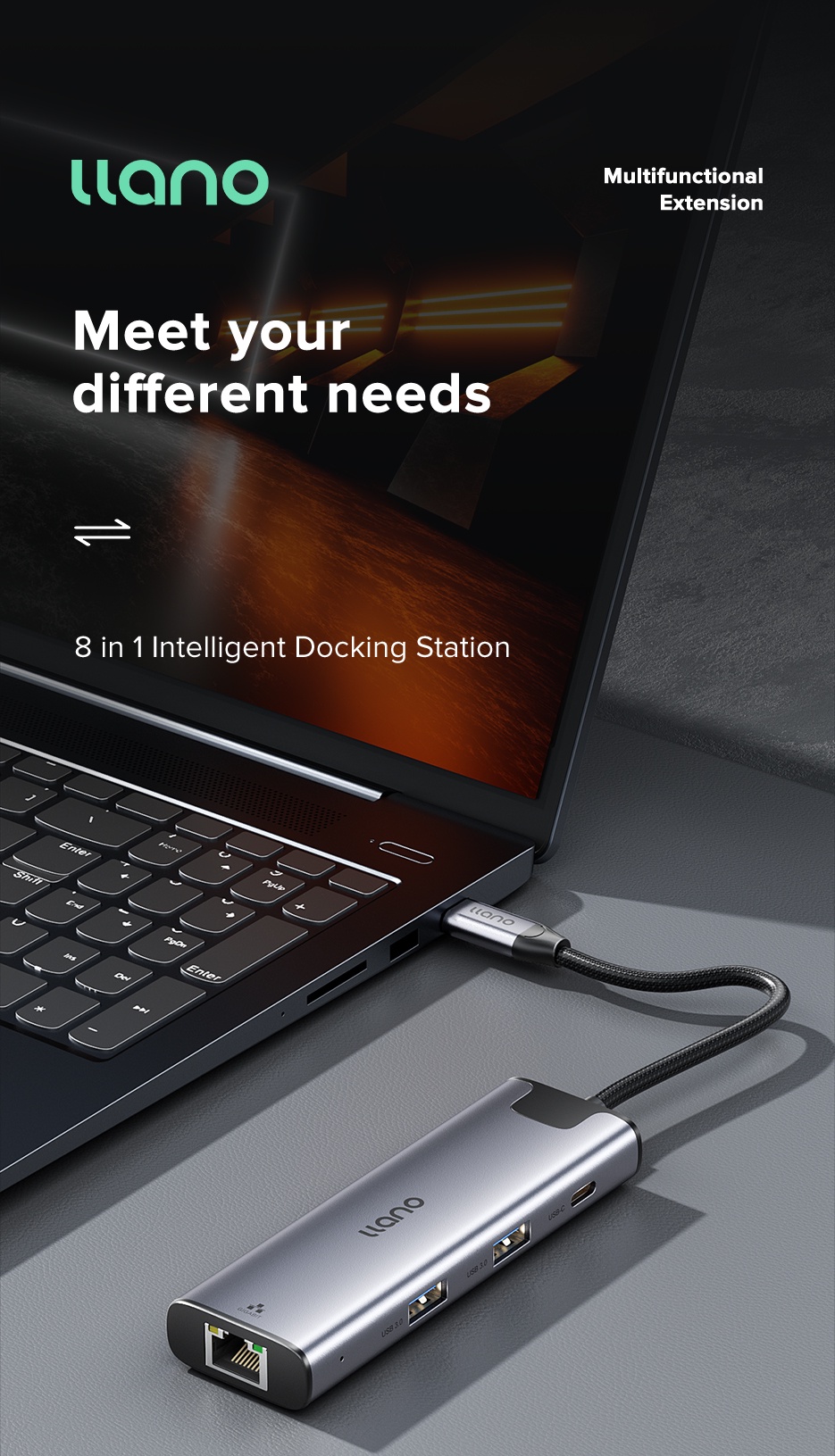 llano 8 in 1 USB C HUB HDMI USB3.0 RJ451000Mbps PD100W TF/SD Read Card ...