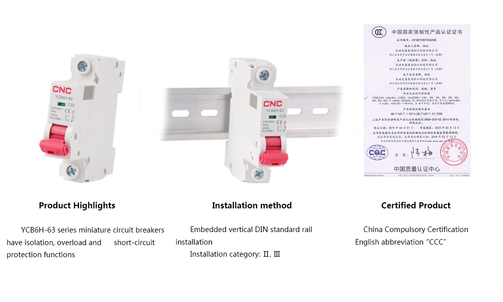 CNC YCB6H-63 1P/2P/3P Miniature Circuit Breaker MCB Din Rail Mount Breaking Capacity 6A/10A/16A ...