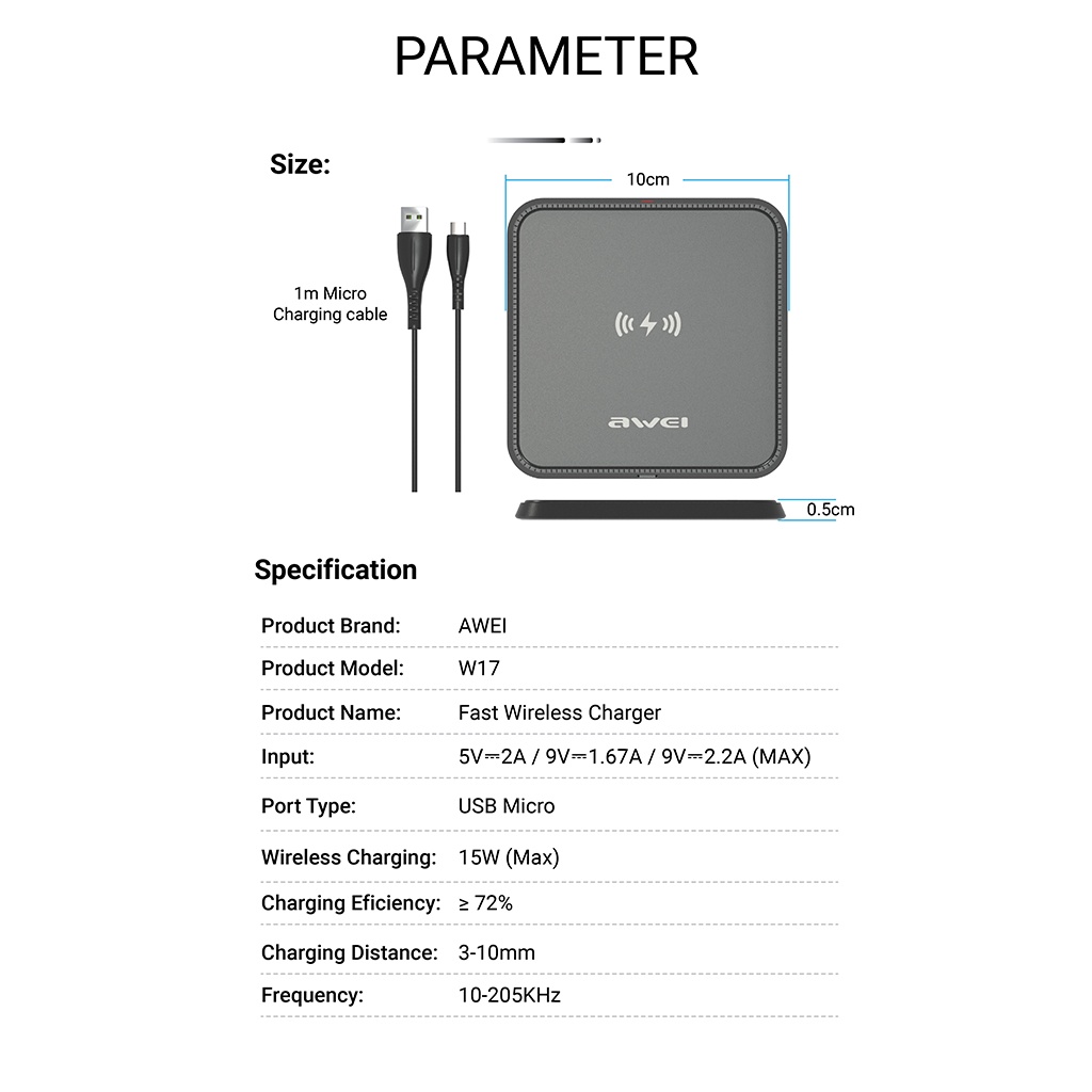Awei W17 Fast Transmission Wireless Ultra Thin Charger With Micro USB ...