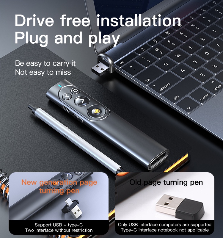 Rechargable 100m USB & Type C Presenter Wireless Laser Pointer 2.4GHz ...