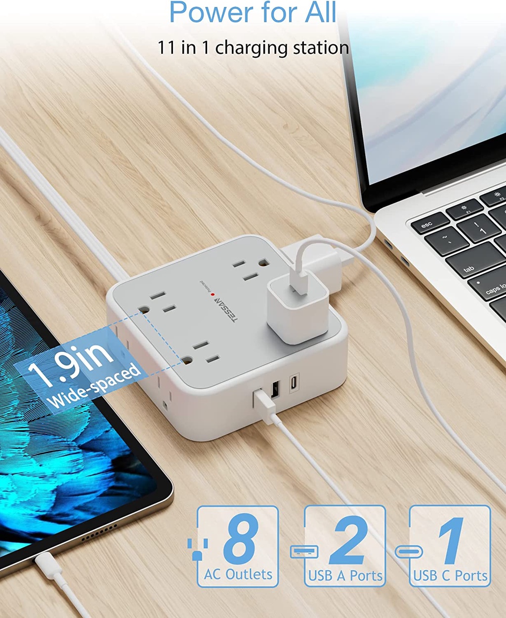 TESSAN Plug Power Strip, Flat Extension Cord with USB+Type C, Surge ...