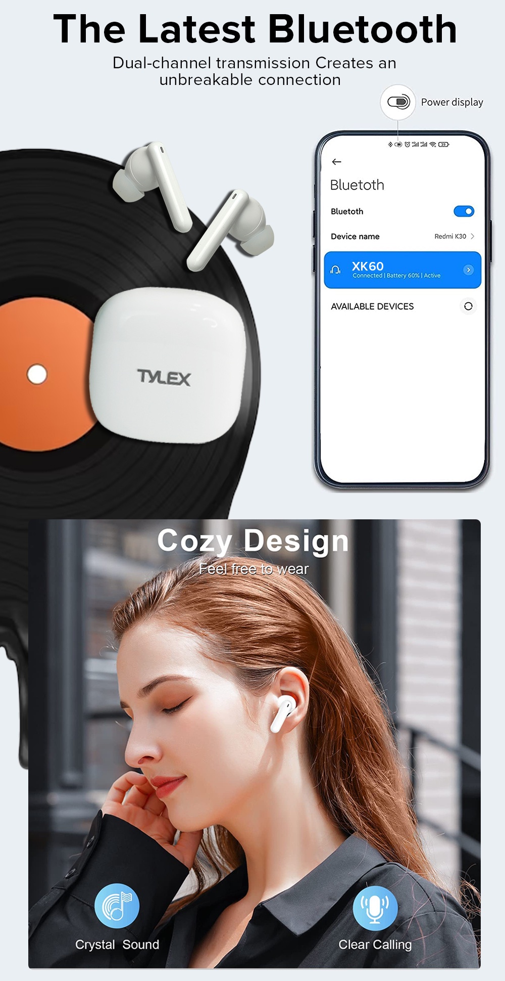 TYLEX XK60 True Wireless Headset Earbuds with BT 5.1 version Voice Wake ...