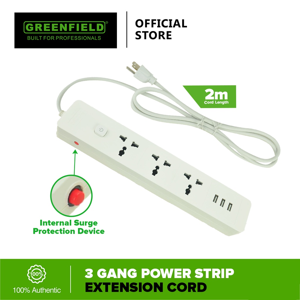 Greenfield Power Strip 3 Gang With 3 USB Extension Cord | Shopee ...