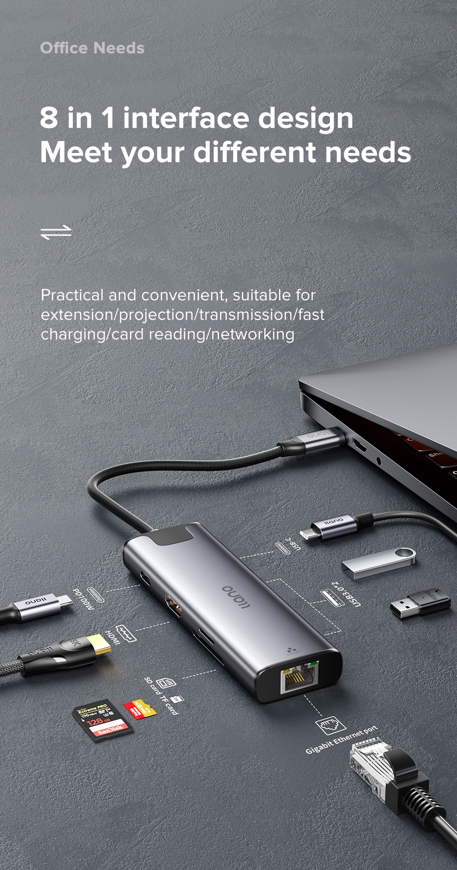 llano 8 in 1 USB C HUB HDMI USB3.0 RJ451000Mbps PD100W TF/SD Read Card ...