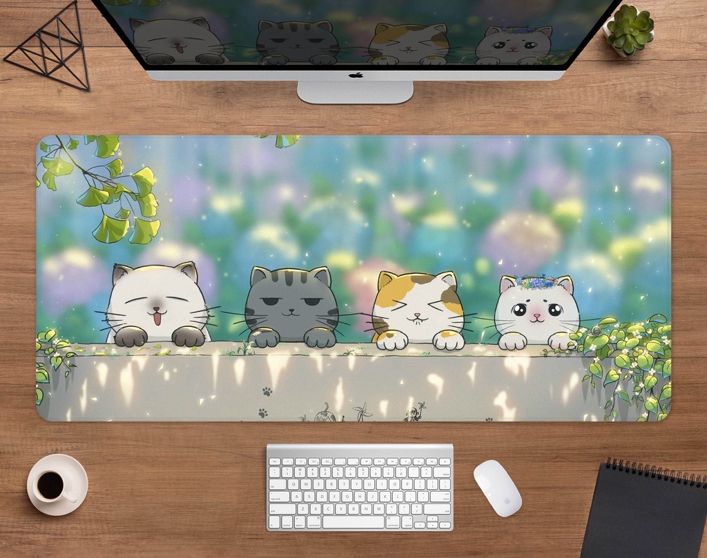 Cute Cats Desk Mat Anime Mousepad Kawaii, kawai aesthetic neutral green ...