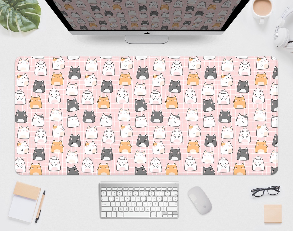 Cute Cats Desk Mat, pastel pink pattern mousepad, kawaii cat peach ...