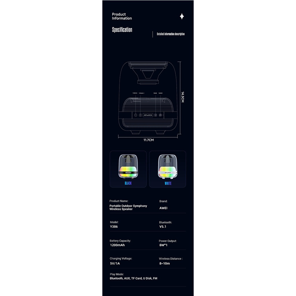 Awei Y386 Wireless Portable Bluetooth Speaker Symphony Lights 8W Dual ...